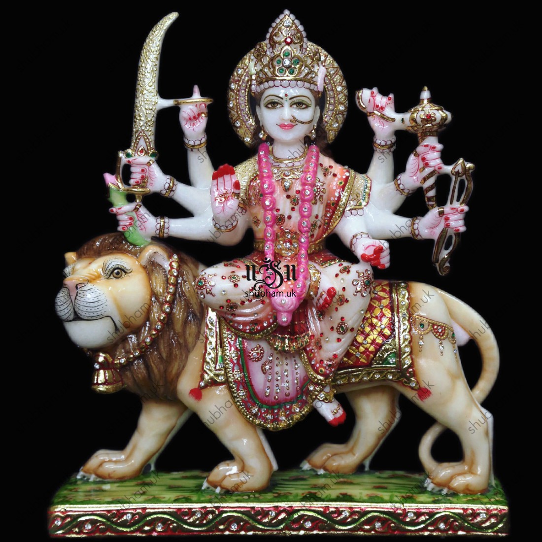 Maa Durga On Lion From White Marble Stone - 15 inch by Shubham Crafts