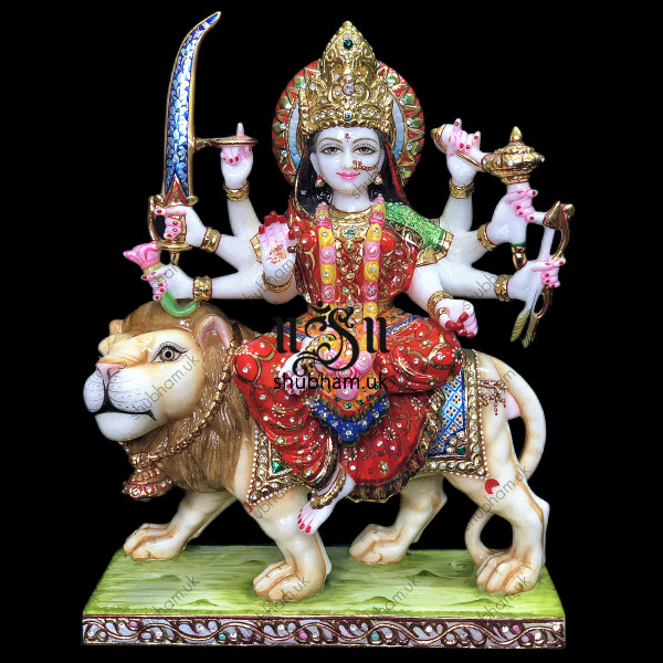 Marble Durga Mata Murti with Painting - 15 inch